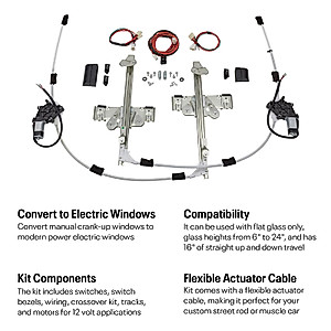 Universal 2-Door Power Window Conversion Kit for Flat Glass: Manual to Electric, Suitable for Classic Cars & Custom Street Rods, Includes OEM Style Switches, Wiring, Regulator, Crossover Kit - 12V