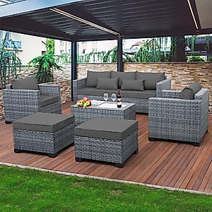 Lviden 6 Pieces Wicker Patio Furniture Sets Outdoor Conversation Set PE Rattan Sectional Sofa Couch with Storage Table and Grey Cushions