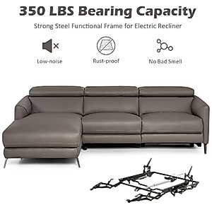 Giantex Upholstered Sectional Sofa Couch, with Chaise Lounge and Electric Power Recliner, CertiPUR-US Sponge, Adjustable Headrests, Metal Legs, Air Leather Modern L-Shaped Living Room Furniture, Grey