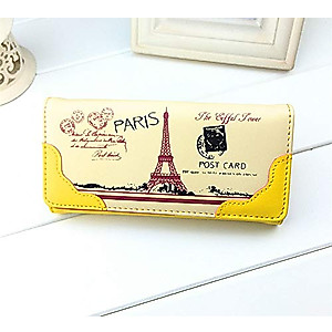 Vintage Style PU Leather Cute Paris Effiel Tower Cartoon Trifold Wallet Cash Coin Long Purse Card Holder for Women & Girls (Yellow)