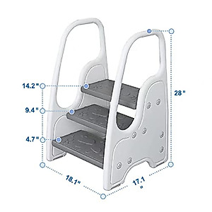 Toddler 3 Step Stool Standing Tower for Kids Plastic Learning Helper Stool for Kitchen Counter Book Shelf Bathroom Sink Toilet Potty Training with Handles(Gray)