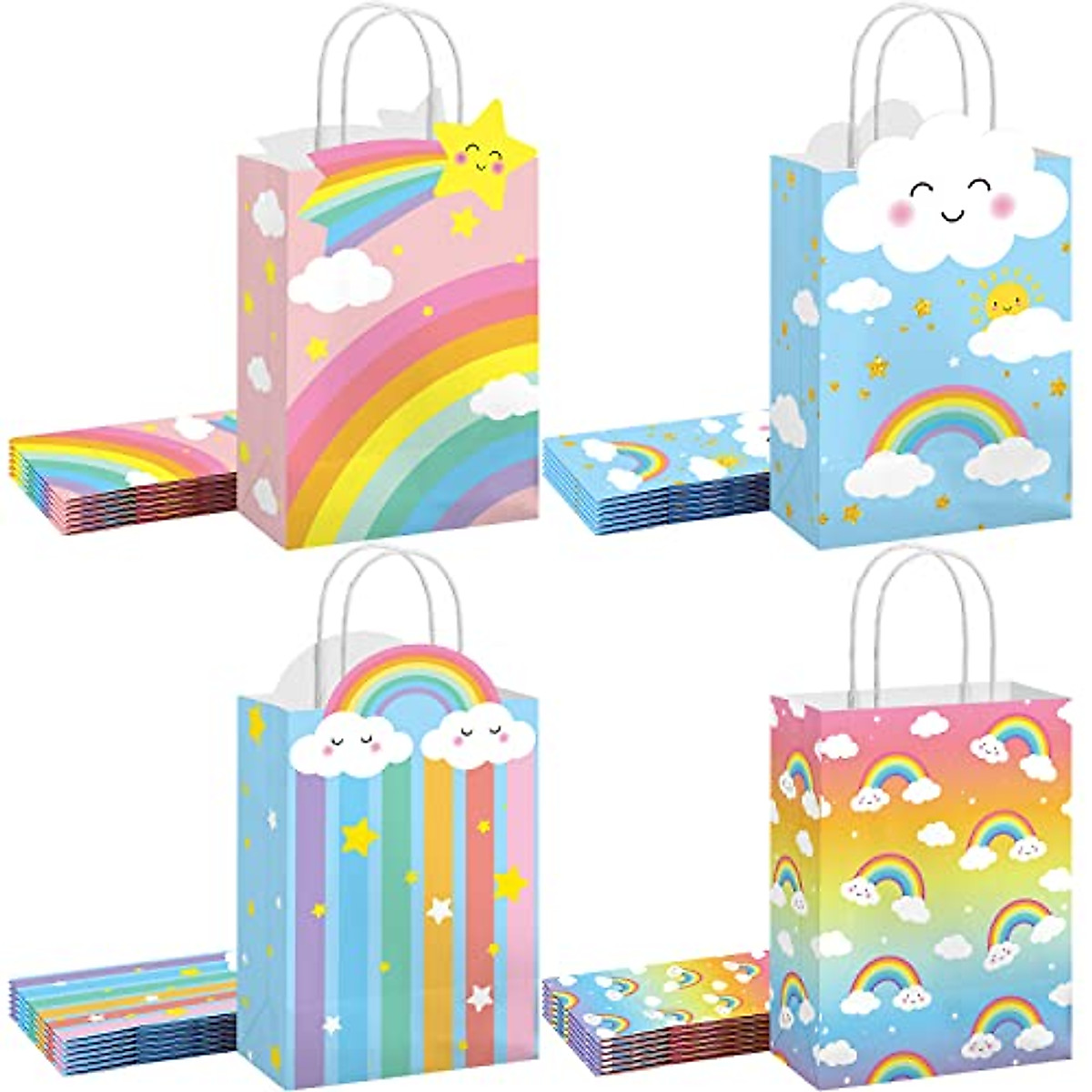 24 Pack Rainbow Present Bags Rainbow Birthday Candy Bags with Handles Goodie Treat Rainbow Gift Bags Colorful Cloud Paper Gift Wrap Bags for Girl Boy Kid Baby Shower Supplies, 8.27 x 5.91 x 3.15 Inch