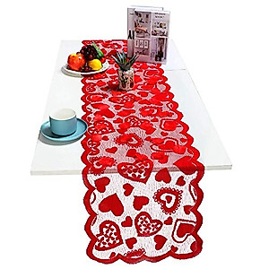 LaZimnInc Valentines Day Table Runner 72 x 13 Inch, Lace Embroidery Table Runners with Red Love Heart for Wedding Party Valentines Day Decorations