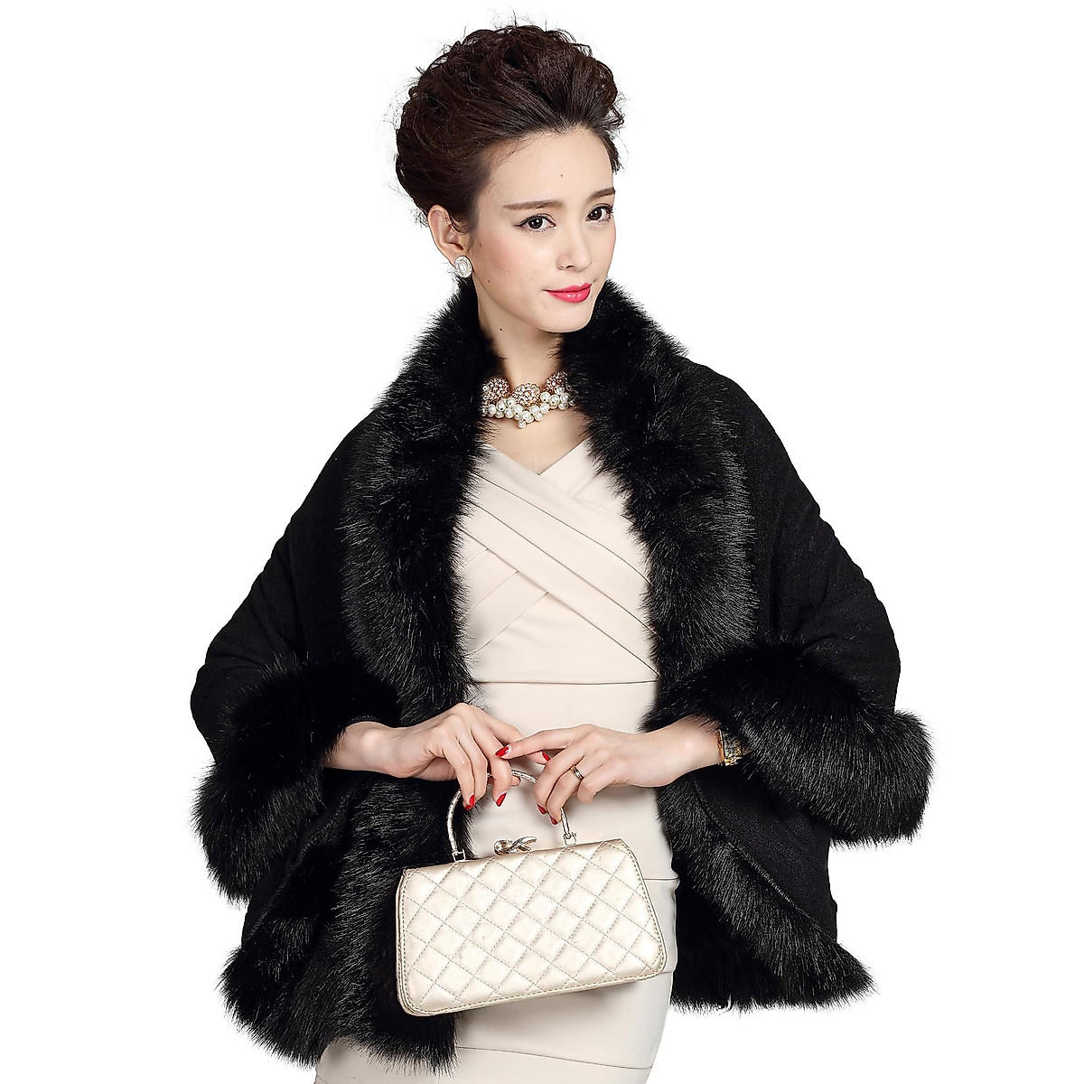 ELFJOY Bridal Faux Fur Shawl Black Fur Coat Women Luxury Faux Fur Wrap for Evening Dresses Winter Cashmere Fur Cape for Wedding Evening Party