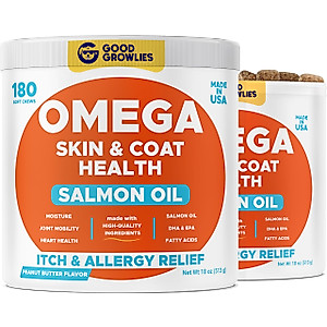 GOODGROWLIES Omega 3 Fish Oil for Dogs (360Ct) - Skin&Coat Chews - Dry & Itchy Skin Relief + Allergy Support - Shiny Coat - EPA&DHA Fatty Acids - Salmon Oil Chews Promotes Heart, Hip & Joint Support