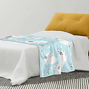 FJPT Easter Spring Throw Blanket Bunnies and Flowers Throw Cozy&Soft Plush Blankets for Couch Bed Sofa Travelling Camping for Adults/Kids - Blue White (30" x 40")