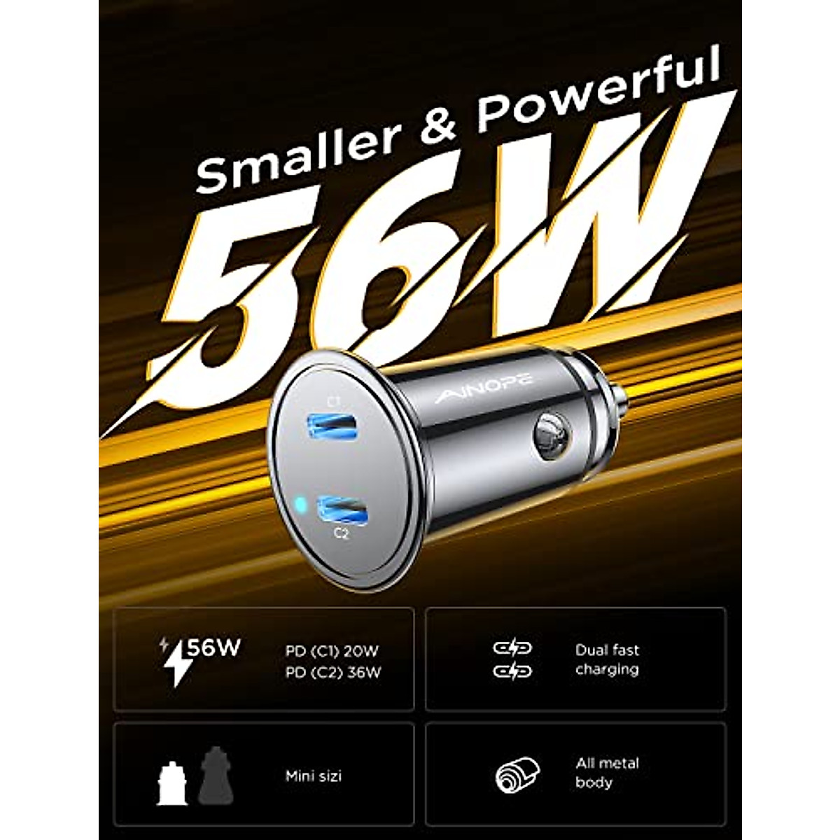 USB C Car Charger, 56W Smallest AINOPE USB C Cigarette Lighter Adapter Fast Charger, PD 3.0 Dual Car Charger USB C Compatible with iPhone 14/13 Pro/12/12 Pro/12 Mini, Galaxy S20/S10, iPad Pro