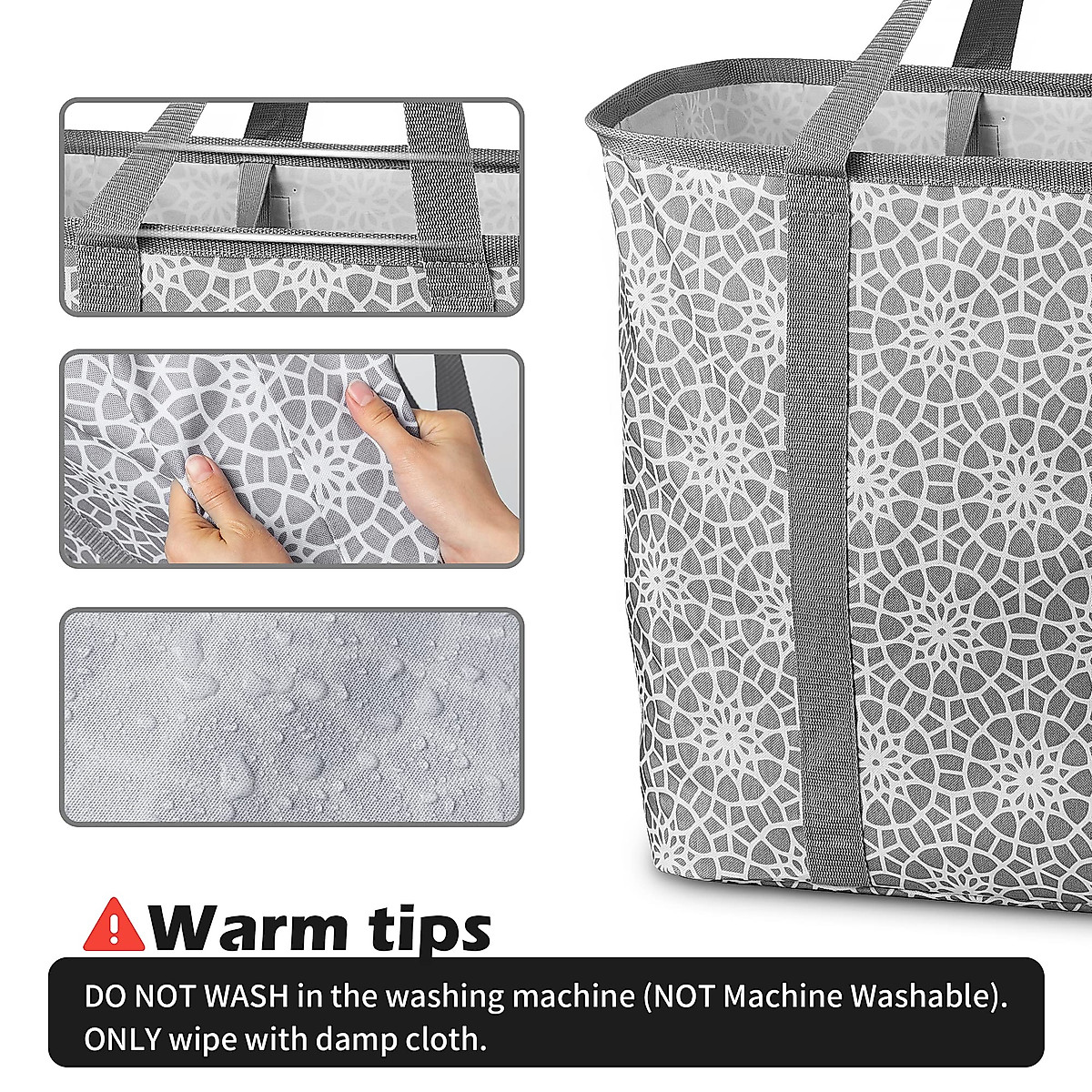 YOHOM Portable Laundry Caddy, Collapsible Basket Tote, Space-Saving Foldable Laundry Hamper, Pop-Up Storage Basket with Long Carry Handles for Dorm Dirty Clothes (Gray Flower, Large)