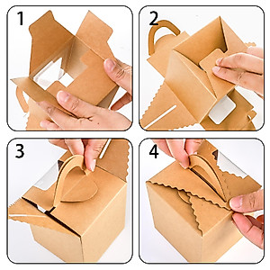 Jucoan 100 Pack Cupcake Box, Brown Kraft Paper Individual Cupcake Box Holder Container with Window and Handles, Bulk Bakery Pastry Wrapping Box for Muffin, Cupcake, Wedding Party, Baby Shower