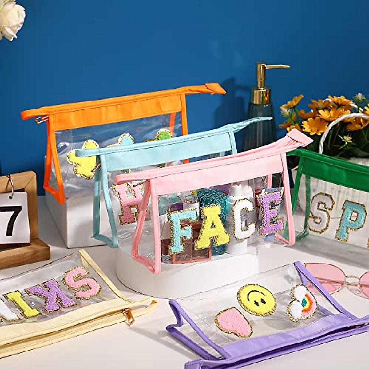 6 Pcs Clear Preppy Patch Makeup Bag Nylon Cosmetic Bag PVC Zipper Varsity Letter Toiletry Bag Multipurpose Makeup Bag for Purse Skin Care Bag Travel Pouches for Toiletry Preppy Organizer (Cute Color)