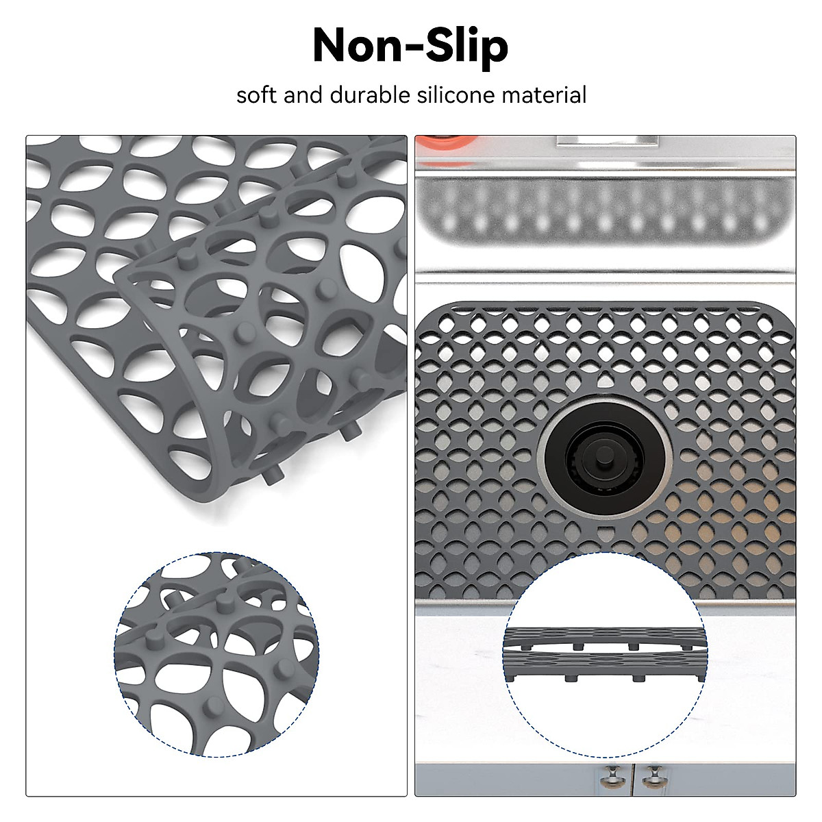 Kitchen Sink Mats, TOOVEM 2PCS Non-Slip Heat Resistant Silicone Sink Protector Mat for Bottom of Stainless Steel Porcelain Sink, Folding Farmhouse Rear Drain Sink Mats, Center Drain