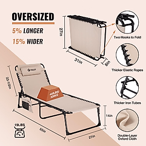 VILLEY Oversize Chaise Lounge Outdoor, Heavy-Duty Folding Lounge Chair for Outside, Portable Trifold Beach Lounger with 5 Adjustable Positions, for Outdoor, Patio, Beach, Lawn, Backyard, Camping-Beige