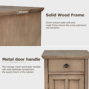 P PURLOVE Classic Vintage Living Room End Table, Wooden Side Table with USB Ports and One Multifunctional Drawer with Cup Holders (Antique Brown)