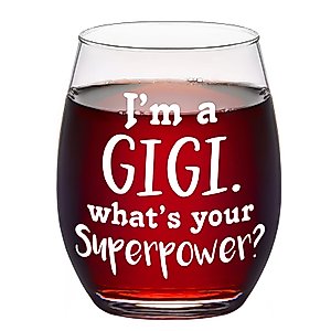 Grandma Gift - I'm A Gigi What's Your Superpower Stemless Wine Glass 15Oz, Grandma Wine Glass for Grandma, Grandmother, Gigi - Gift Idea for Mother's Day, Christmas, Birthday
