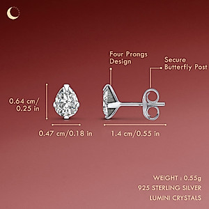 Lumini Crystals Women 925 Sterling Silver White Crystal Stud Earrings: Austrian Crystal Teardrop Shape