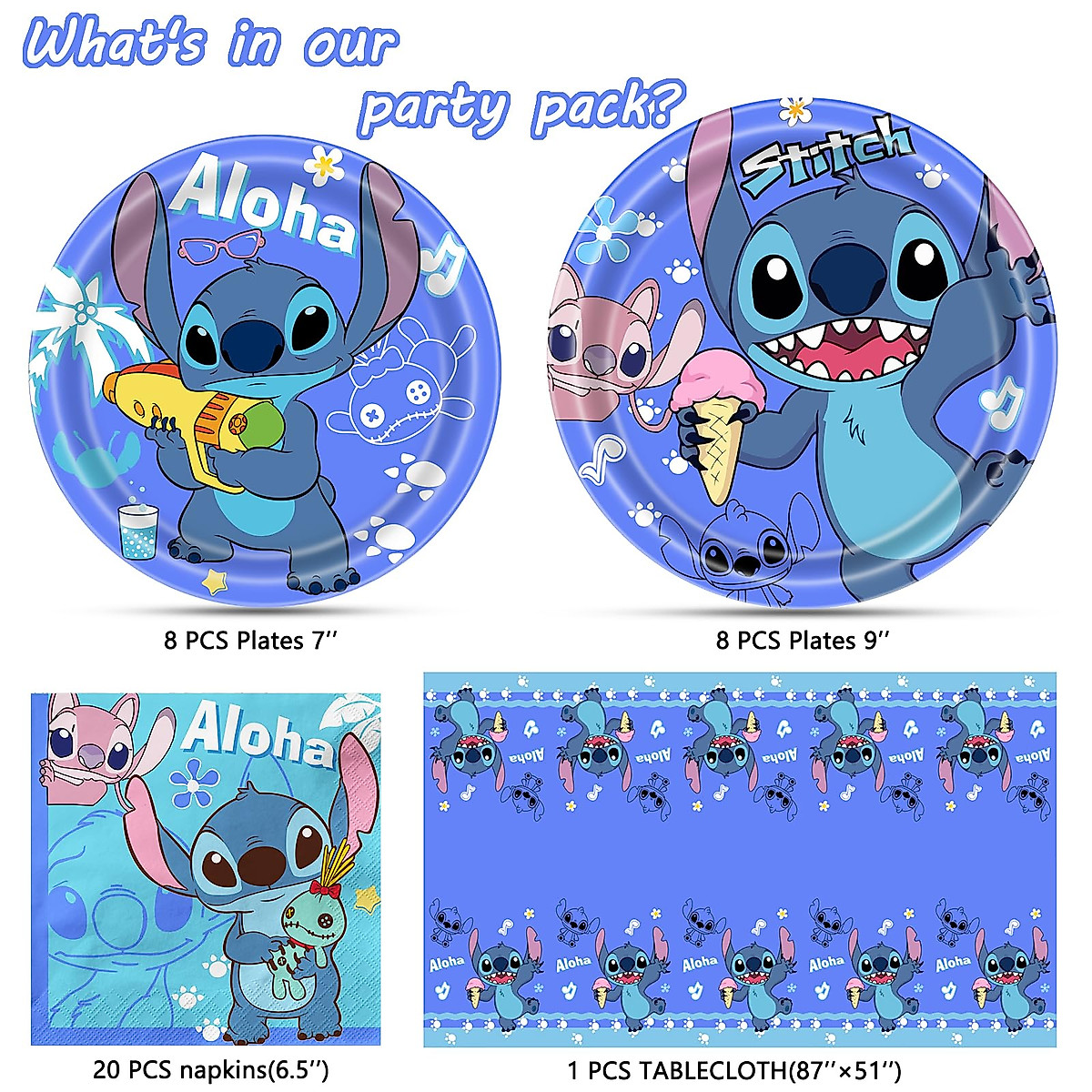 Stitch Party Supplies, 16 Plates, 20 Napkins and 1 Tablecover for Stitch Birthday Party Decorations