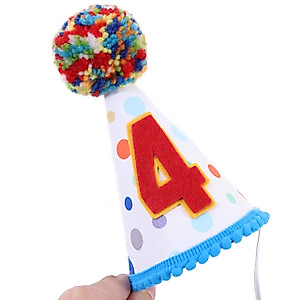 WAHAWU Baby 4th Birthday Party Handmade Hat, Primary Colors Confetti Cone Mini Hat with Multicolored Fur Balls, Stretchable Band, Fits Baby Girls/Boys, 3.5*3.1 inches, Costume Headwear