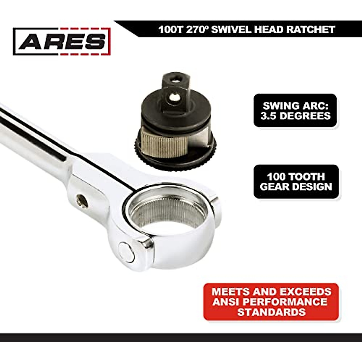 ARES 42022 – 3/8-Inch Drive 100-Tooth Swivel Head Ratchet - 270 Degree Swivel Action - Comfort Grip TPR Handle - Quick-Release Head Design – Chrome Vanadium Steel Construction – Mirror Polish Finish