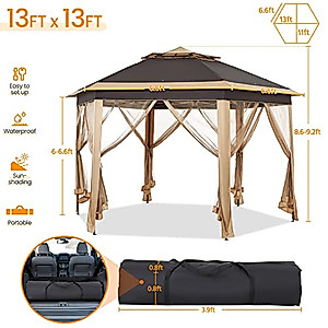 Yaheetech 13’ X 13’ Pop up Gazebo with Mosquito Netting, Hexagonal Outdoor Canopy Tent with Carry Bag for Patio Garden Backyard, Khaki/Brown