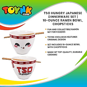 Toynk Bowl Bop Tso Hungry Japanese Ceramic Dinnerware Set | Includes 16-Ounce Ramen Noodle Bowl and Wooden Chopsticks | Asian Food Dish Set For Home & Kitchen | Kawaii Anime Gifts, Snack Collectible