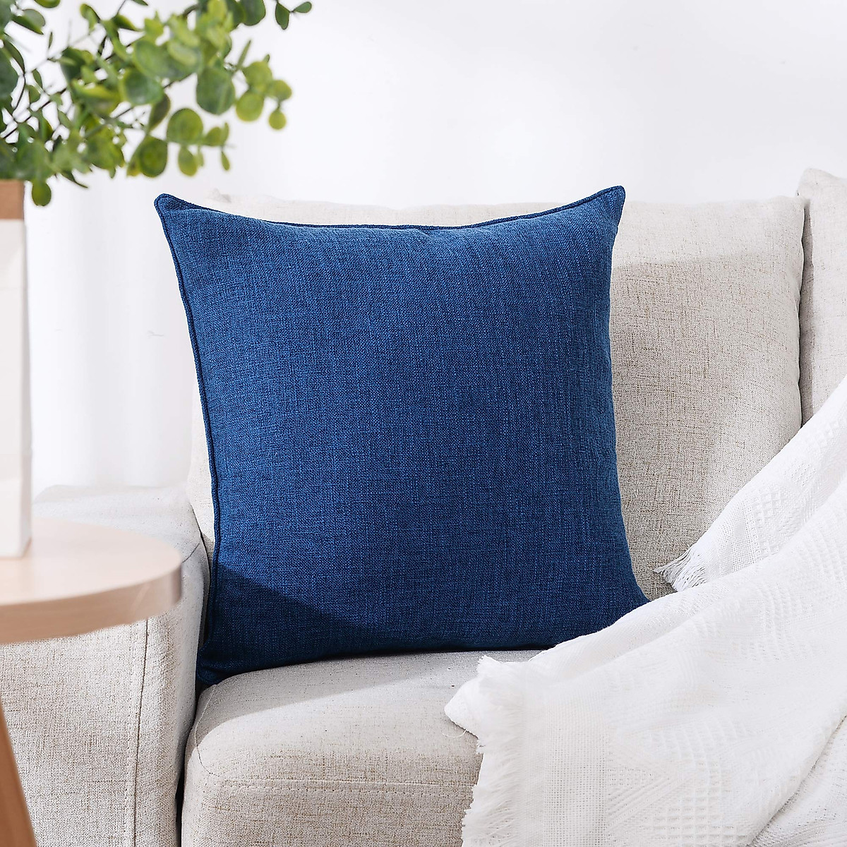 THOHAG Set of 2 Throw Pillow Covers 18 x18 inches, Soft Linen Cushion Covers, Square Decorative Solid Couch Pillows Covers for Sofa Living Room, Navy Blue