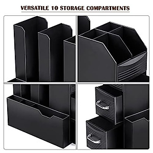 SZQINJI Coffee Condiment Organizer10-Compartment Breakroom Coffee Station Organizer Countertop Cup Storage with 2 Drawers Black