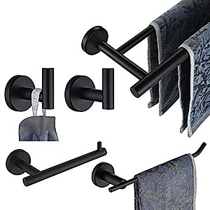 JQK Bathroom Hardware Set, 5-Piece Bath Accessories Set Matte Black Wall Mount Includes 24 in Towel Bar, 9 in HT Bar, TP Holder, Towel Hook x 2, BAS105-PB