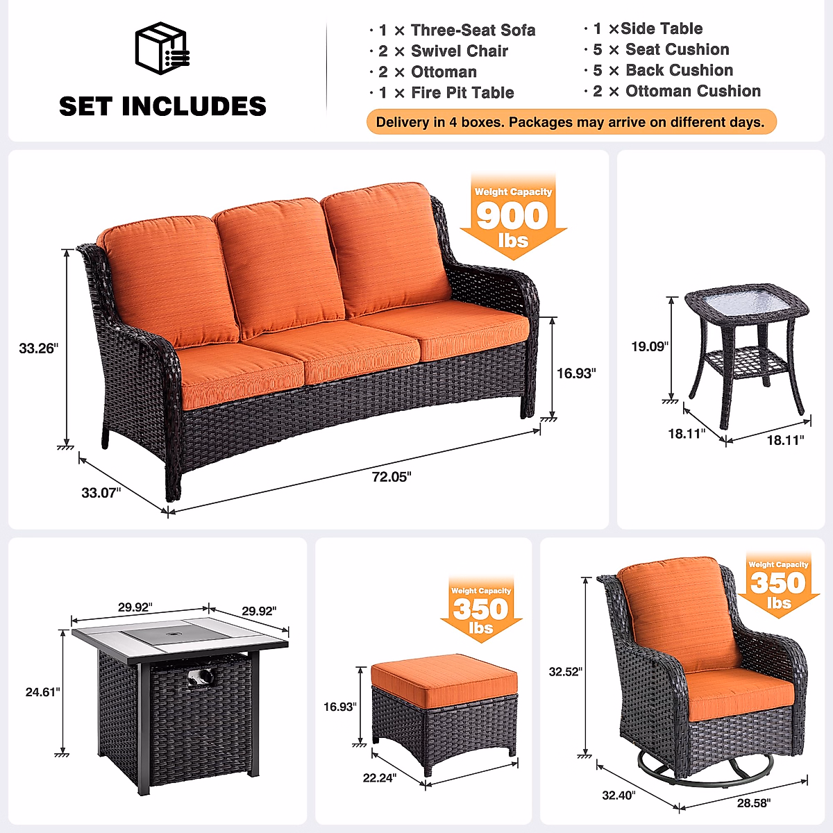 ovios Patio Furniture Set Outdoor Furniture 7 Pieces Swivel Rocking Chairs All Weather Wicker Patio Set with 50,000 BTU Square Propane Fire Pit Table for Garden Backyard,Brown Wicker Orange Red