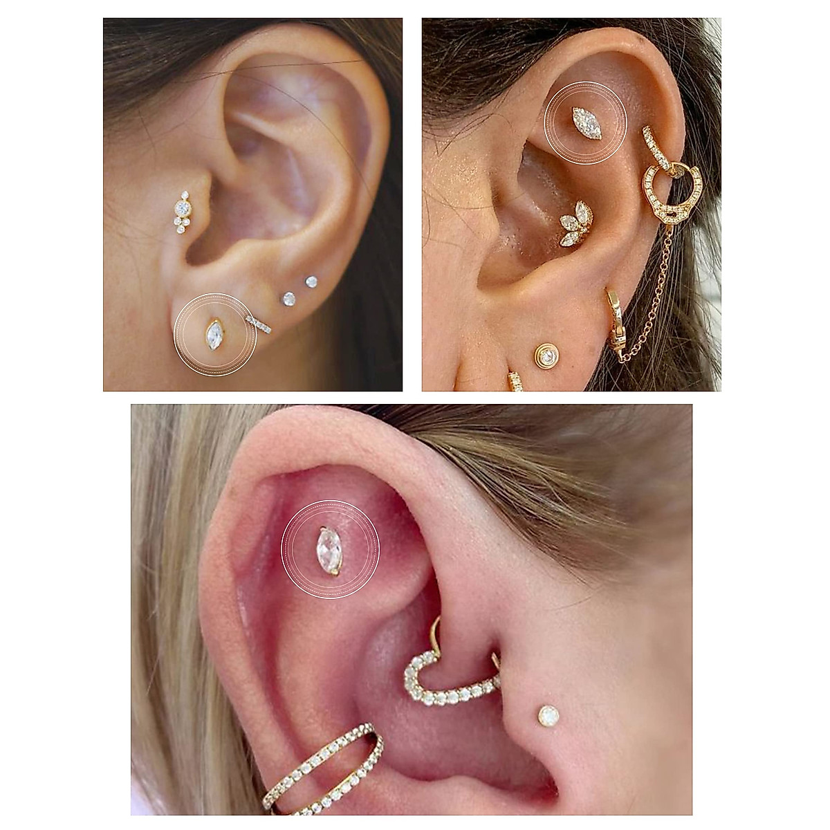 Jewseen 14K Solid Gold Push in Lip Rings G23 Titanium Labret Studs CZ Cartilage Earring 16g Tragus Helix Piercing Jewelry Flat Back Stud Nose Ring Stud Earring for Women Men