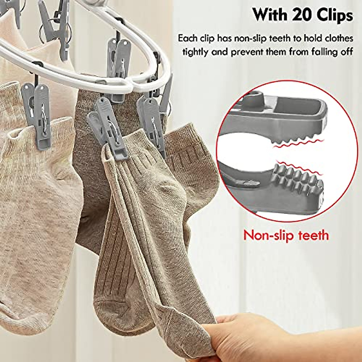 Poeland Foldable Plastic Laundry Hanger, Clothes Drying Rack with 20 Clips, 360 Degree Rotating Drip Drying Hanger Use for Socks, Underwear, Towels, Bras, Baby Clothes, Scarf (White)