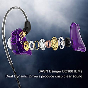 BASN in-Ear Monitor Headphones Dual Dynamic Drivers in Ear Earphones Detachable MMCX Cable Musicians in-Ear Earbuds Headphones (BC100 Purple, with no Mic)