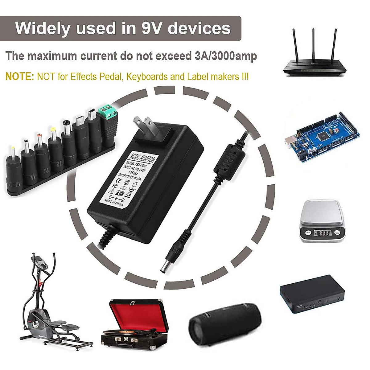 9V 3A Power Cord Adapter Supply Universal 27W Wall Charger with 8 Tips for Video Camera Monitor Speaker Tablets Recorder Router Arduino Schwinn Elliptical Exercise Bike Medela Pump