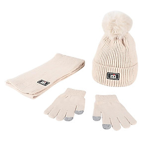 Kids Winter Beanie Hat Scarf Gloves Set, Winter Knit Warm Soft Pom-Pom Beanie Hat for Boys and Girls Outdoor Warm Beige