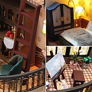 SYCW DIY Dollhouse Miniature Wooden Furniture Kit with Dust Cover and Music Box, Doll House Kit with LED Light, Mini Handmade Wooden Dollhouse Toys, Multicolored