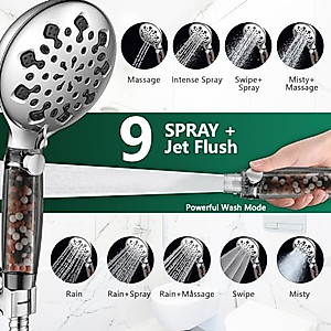 Filtered Shower Head for Hard Water Handheld,9 Spray Modes+Jet Flush High Pressure Filtered Detachable Showerhead,Water Softener Showerheads with 60"Long Hose,Adjustable Holder,Water Flow Restricter
