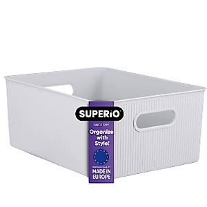 Superio Ribbed Collection - Decorative Plastic Open Home Storage Bins Organizer Baskets, Large White Smoke (1 Pack) Container Boxes for Organizing Closet Shelves Drawer Shelf 15 Liter/16 Quart