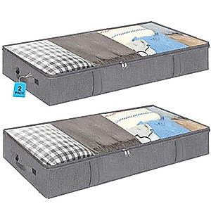 homyfort Underbed Storage Bags Containers 2 Pack - Large Capacity Under Bed Storage Box with 4 Handles and Sturdy Zippers,Clear Window for Blankets,Clothes,Comforters (Grey)