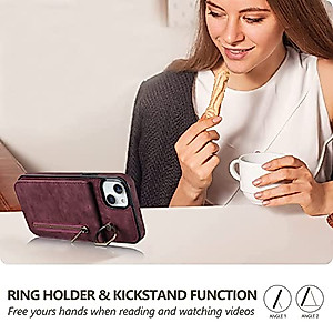 Nunwiza for iPhone 14 Case/iPhone 13 Case Wallet with Card Holder, Leather Protective Case Purse with Ring Holder for Apple iPhone 14 6.1 inch Wine Red