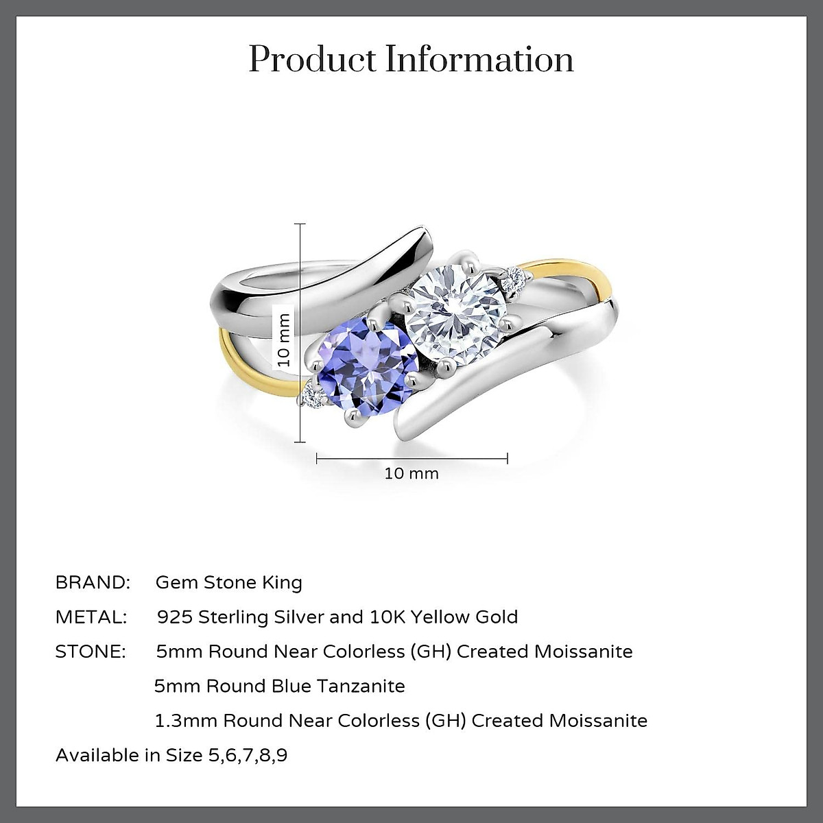 Gem Stone King 925 Silver and 10K Yellow Gold White Moissanite and Blue Tanzanite and White Moissanite 2-Stone Crossover Ring For Women (0.98 Cttw, Size 8)