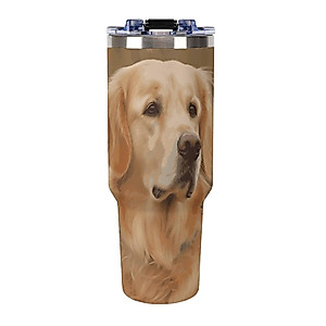 LLUTSNTH 40 Oz Vacuum Tumbler with White Handle Leakproof Insulated Tumbler Golden Retriever Stainless Steel Travel Mug with Lid And Straw Coffee Cup Cute Water Bottles Cup Holder Friendly