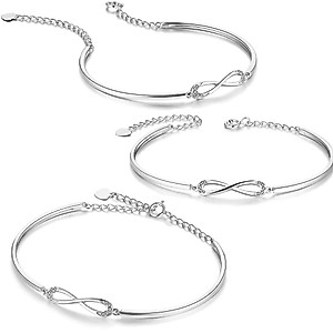 FANCIME White Gold Plated 925 Sterling Silver Simple Minimalist Infinity Symbol Bangle With Cubic Zirconia CZ Forever Dainty Tennis Bracelet For Women, Size Adjustable