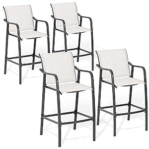 VredHom Outdoor Metal Bar Stools, Patio Bar Stools Set of 4 Counter Height Chairs Steel Bar Chairs Lightweight Patio Furniture with Textilene, Armrest and Footrest, Light Grey