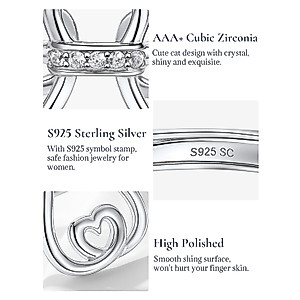 SILVERCUTE 925 Sterling Silver Cat Cute Ring Glittering Heart Cubic Zirconia Sparkle Adjustable Ring