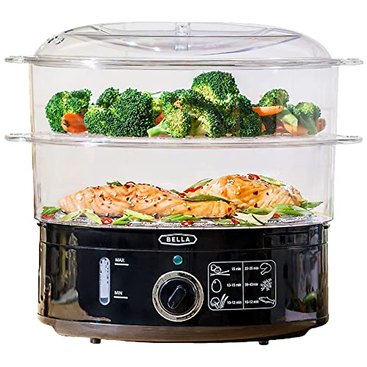 BELLA Two Tier Food Steamer, Healthy, Fast Simultaneous Cooking, Stackable Baskets for Vegetables or Meats, Rice/Grains Tray, Auto Shutoff & Boil Dry Protection, 7.4 QT, Black
