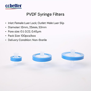 COBETTER 100 Pack PVDF Syringe Filter Lab Filters 0.22μm Pore Size 13mm Diameter Hydrophilic Filtration Non-sterile Blue