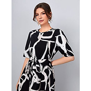 WDIRARA Women's Printed Short Sleeve Round Neck Belted Long Dress Elegant Dresses Black L
