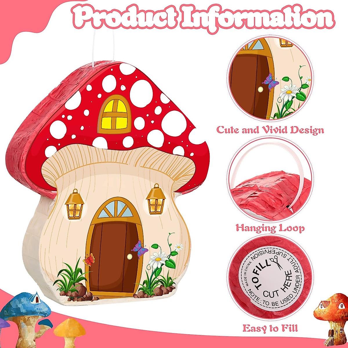 Mushroom Piñata with Stick and Blindfold Fairy Piñata 3D Mushroom Shaped Piñata for Kids Birthday Party Mushroom Hanging Decoration Piñata for Forest Jungle Woodland Baby Shower Party Supplies