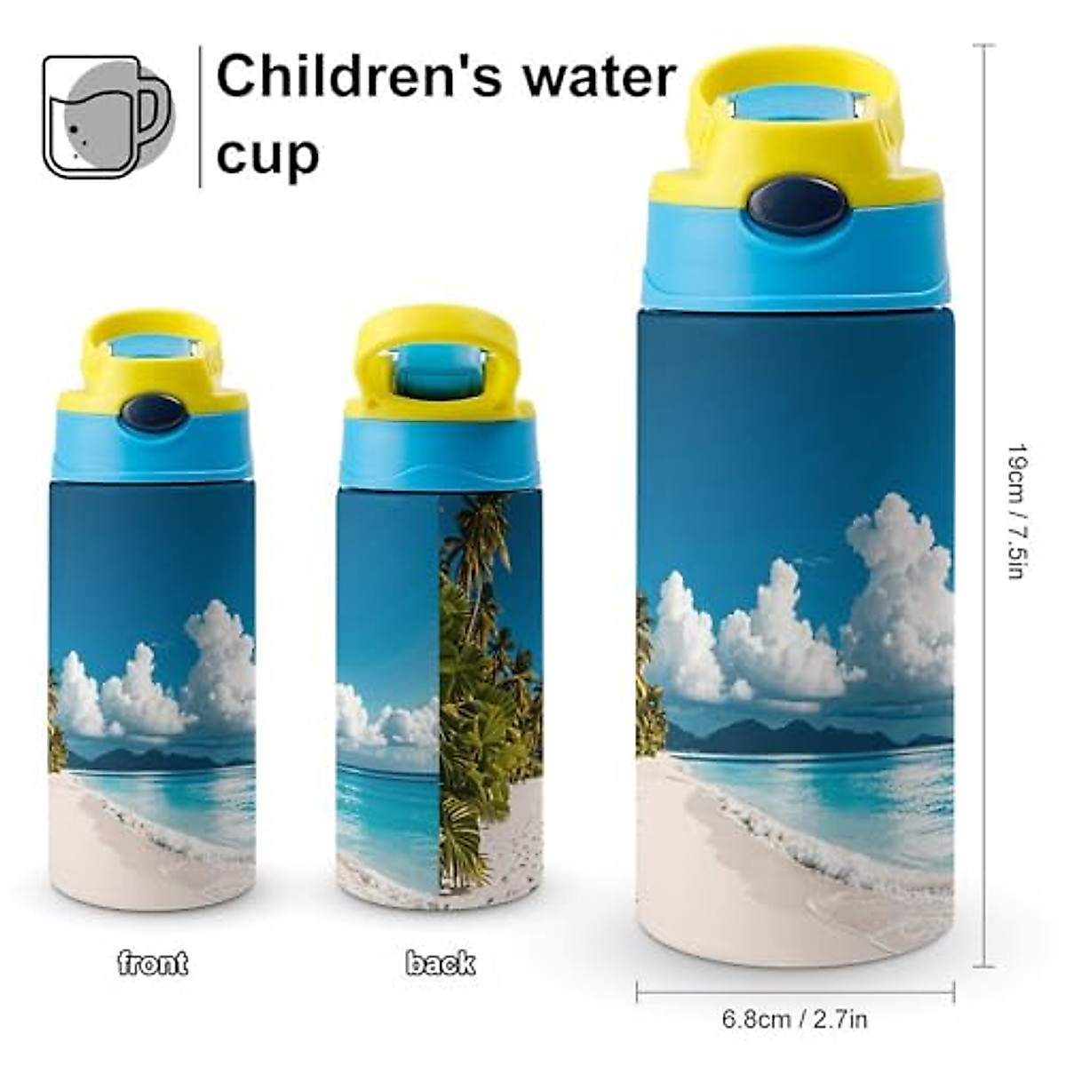 Stainless Steel Water Bottles White Beach Tropical Sea Travel Water Cups with Handle And Silicone Straw Drinking Cup with Leak Proof Lid Thermo Travel Mug for Women Men