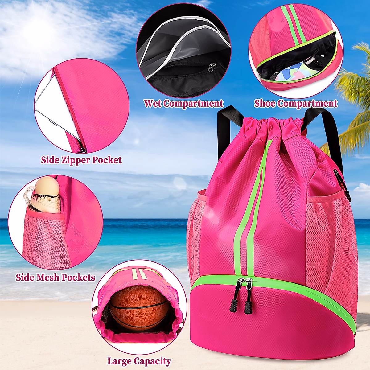 SOPIME Drawstring Backpack Gym Bag for Women, String Bags Sports Cinch Sackpack with Shoe Compartment and Waterproof Wet Pocket Large Gym Sack for Fitness Swim Basketball Soccer Beach (Pink)