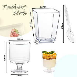 mwellewm 300 Packs Dessert Cups with Spoons, 5 OZ Mini Clear Plastic Dessert Parfait Cup for Party, Square Dessert Shot Glasse Round Goblet Small Reusable Fruit Ice Cream Pudding Appetizer Cup Bowls